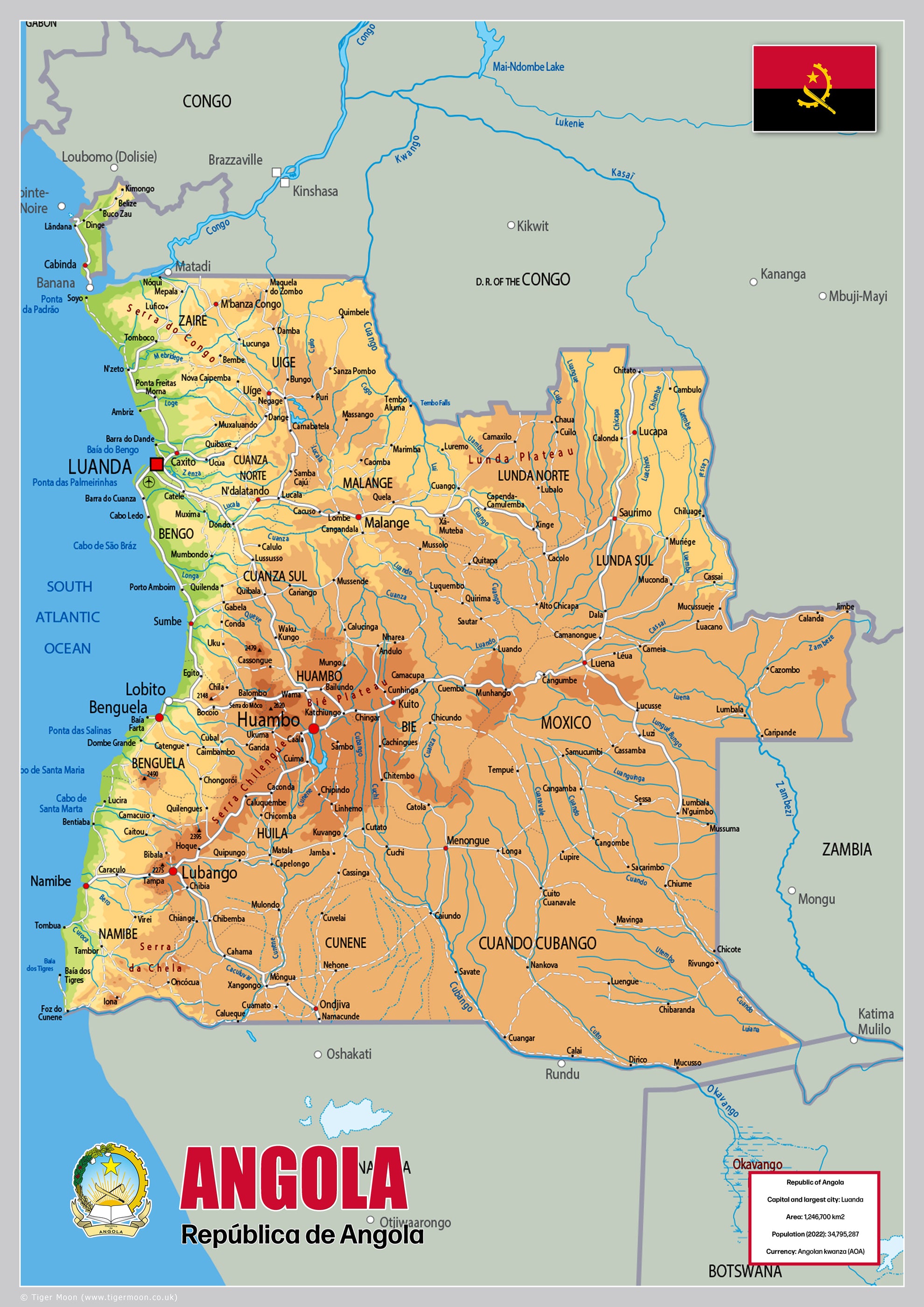 Physical Map of Angola - The Oxford Collection– I Love Maps