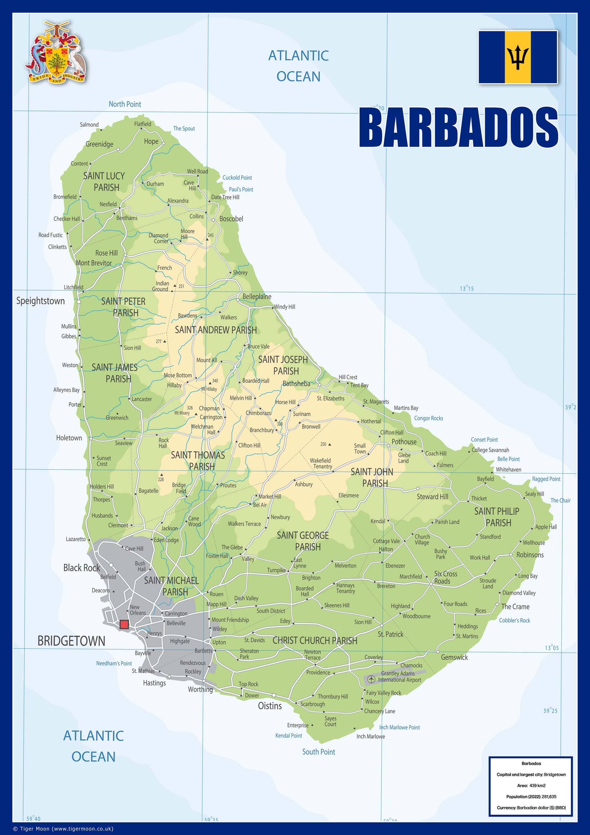 Physical Map of Barbados - The Oxford Collection– I Love Maps