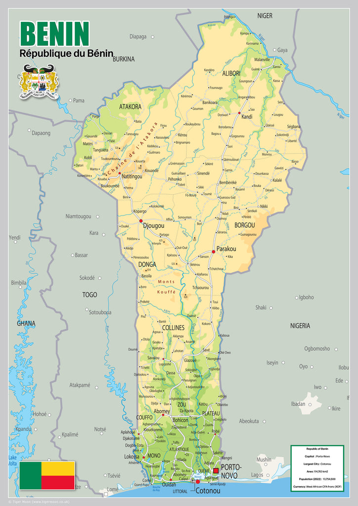 Physical Map of Benin - The Oxford Collection | I Love Maps