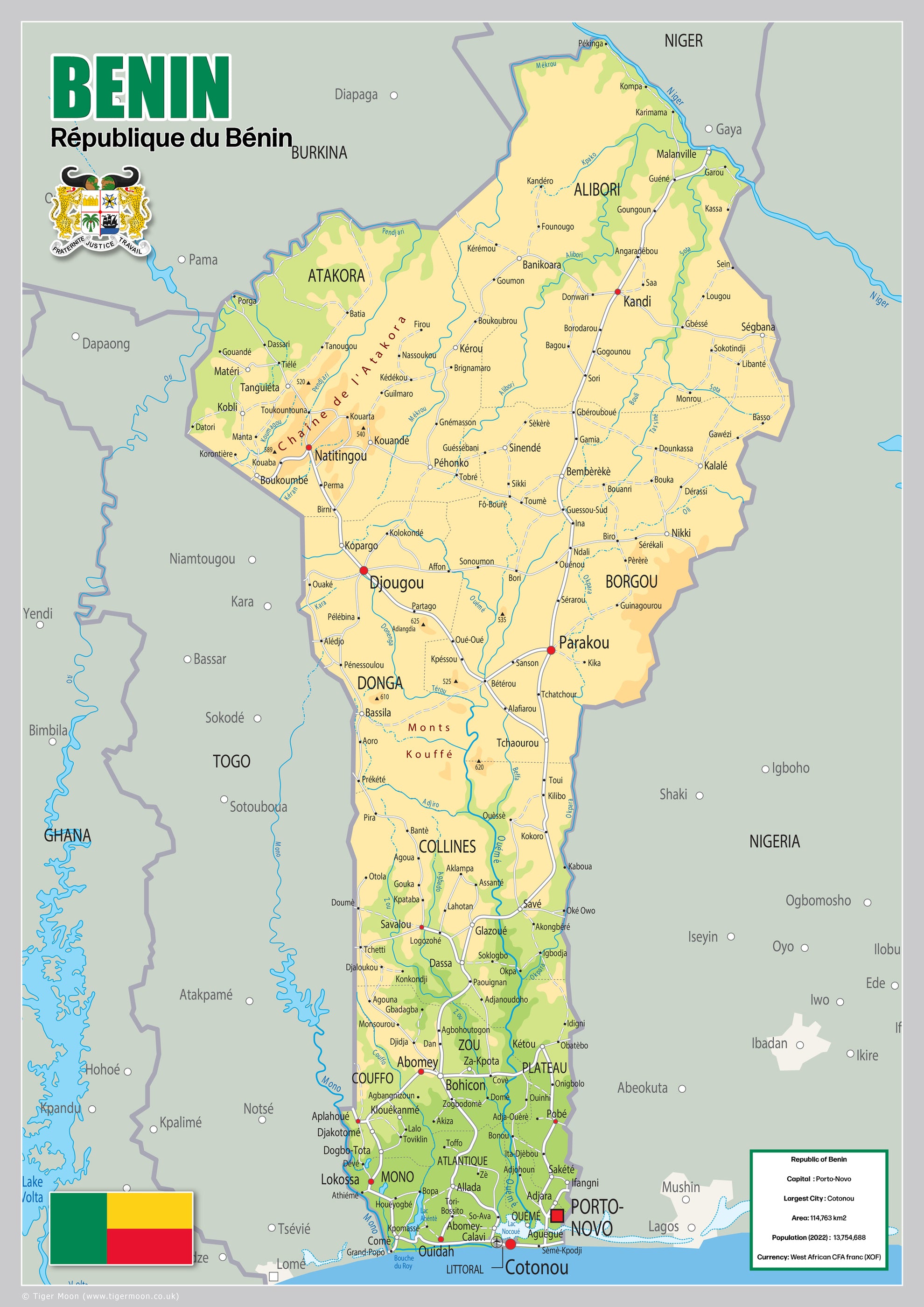 Physical Map of Benin - The Oxford Collection– I Love Maps