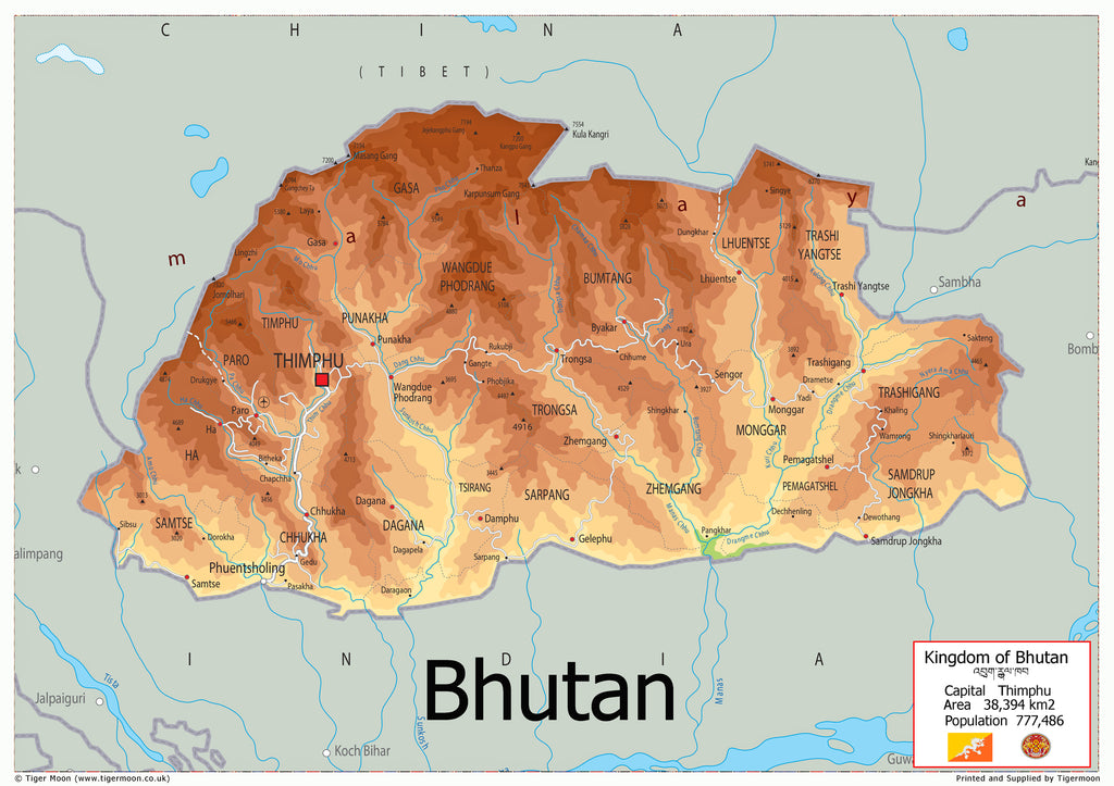 Physical Map of Bhutan - The Oxford Collection | I Love Maps
