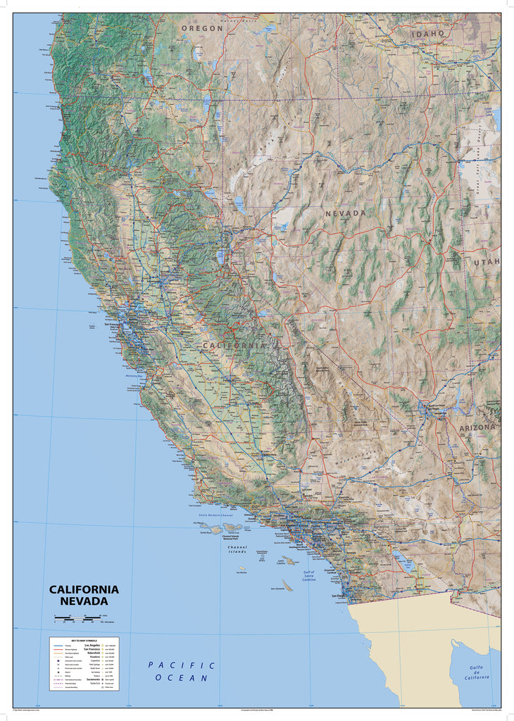 California and Nevada Physical State Map | I Love Maps