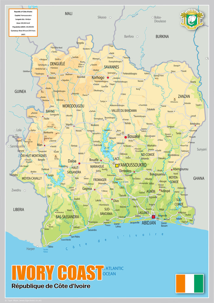 Physical Map of the Ivory Coast - The Oxford Collection | I Love Maps