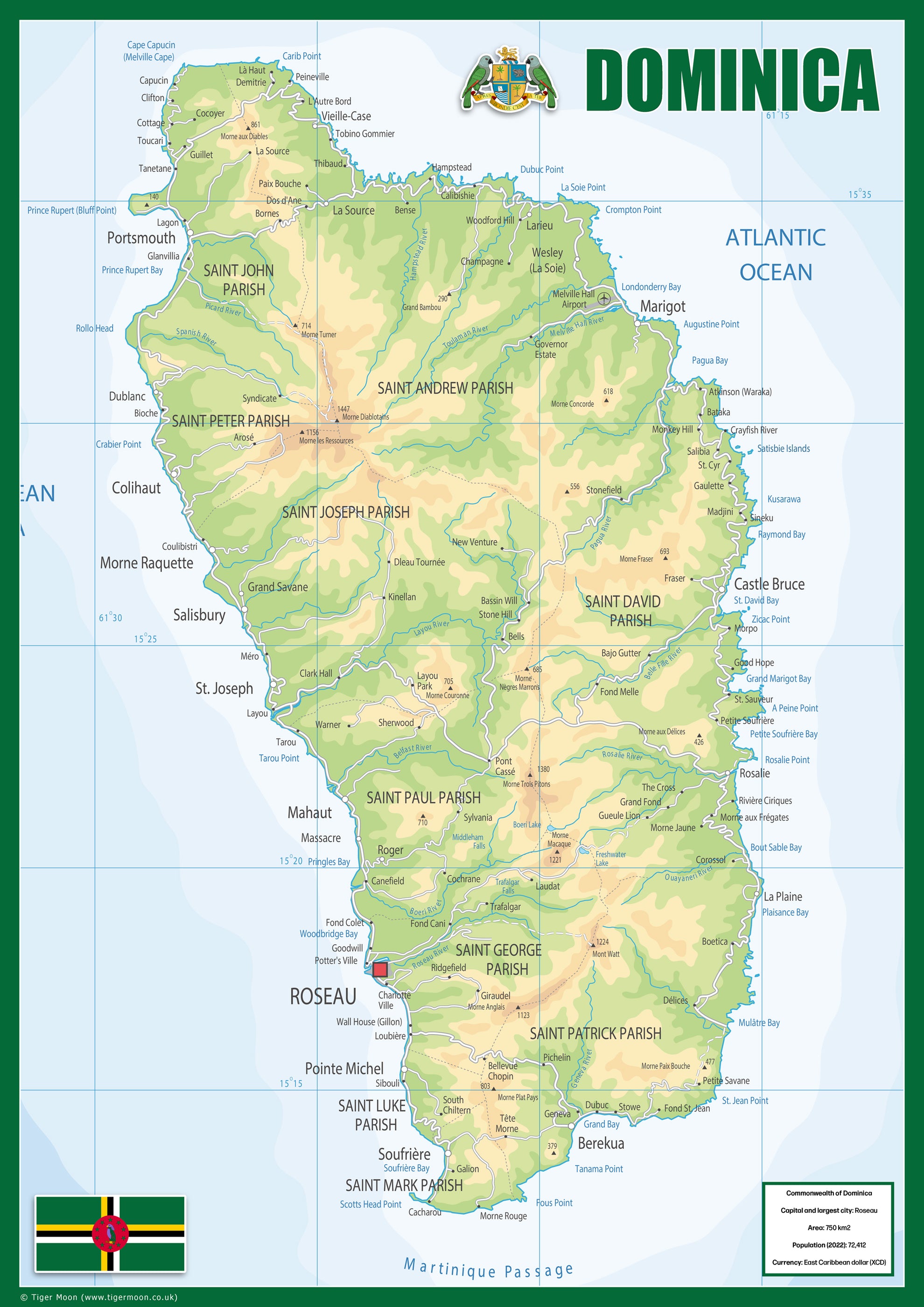 Physical Map of Dominica - The Oxford Collection– I Love Maps