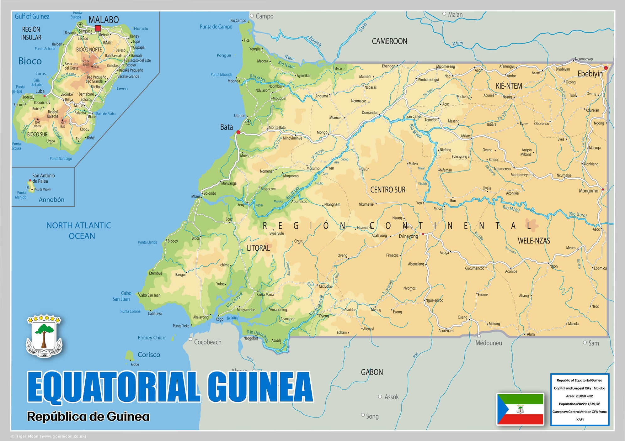 Physical Map of Equatorial Guinea - The Oxford Collection– I Love Maps