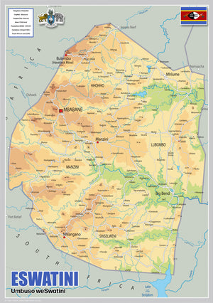 Physical Map of Eswatini - The Oxford Collection– I Love Maps