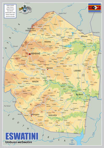 Physical Map of Eswatini - The Oxford Collection– I Love Maps