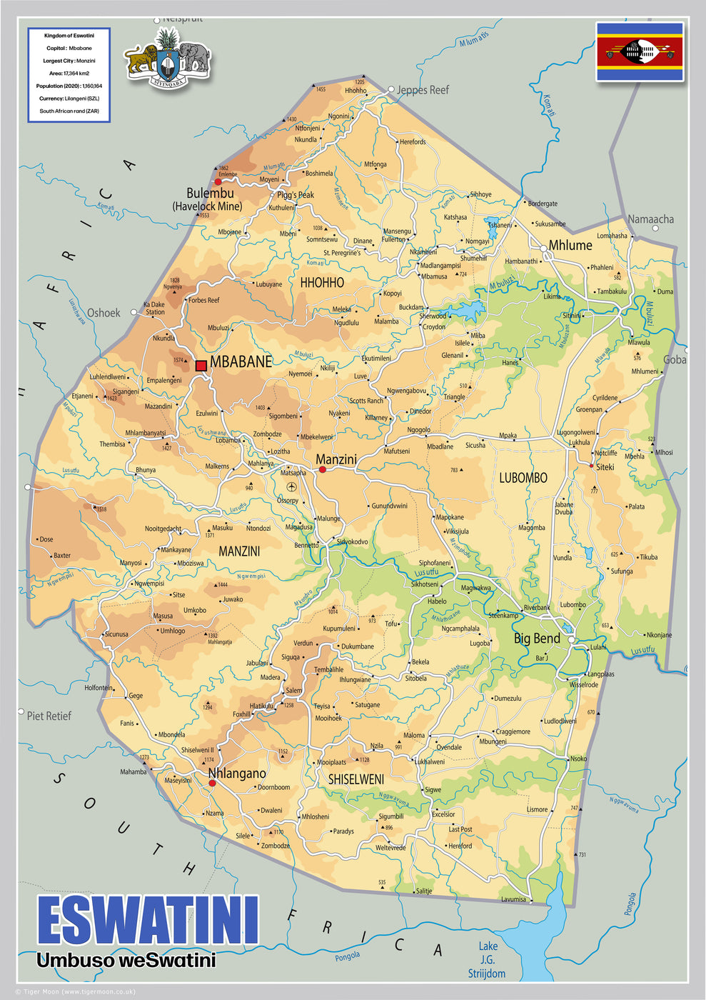 Physical Map of Eswatini - The Oxford Collection– I Love Maps