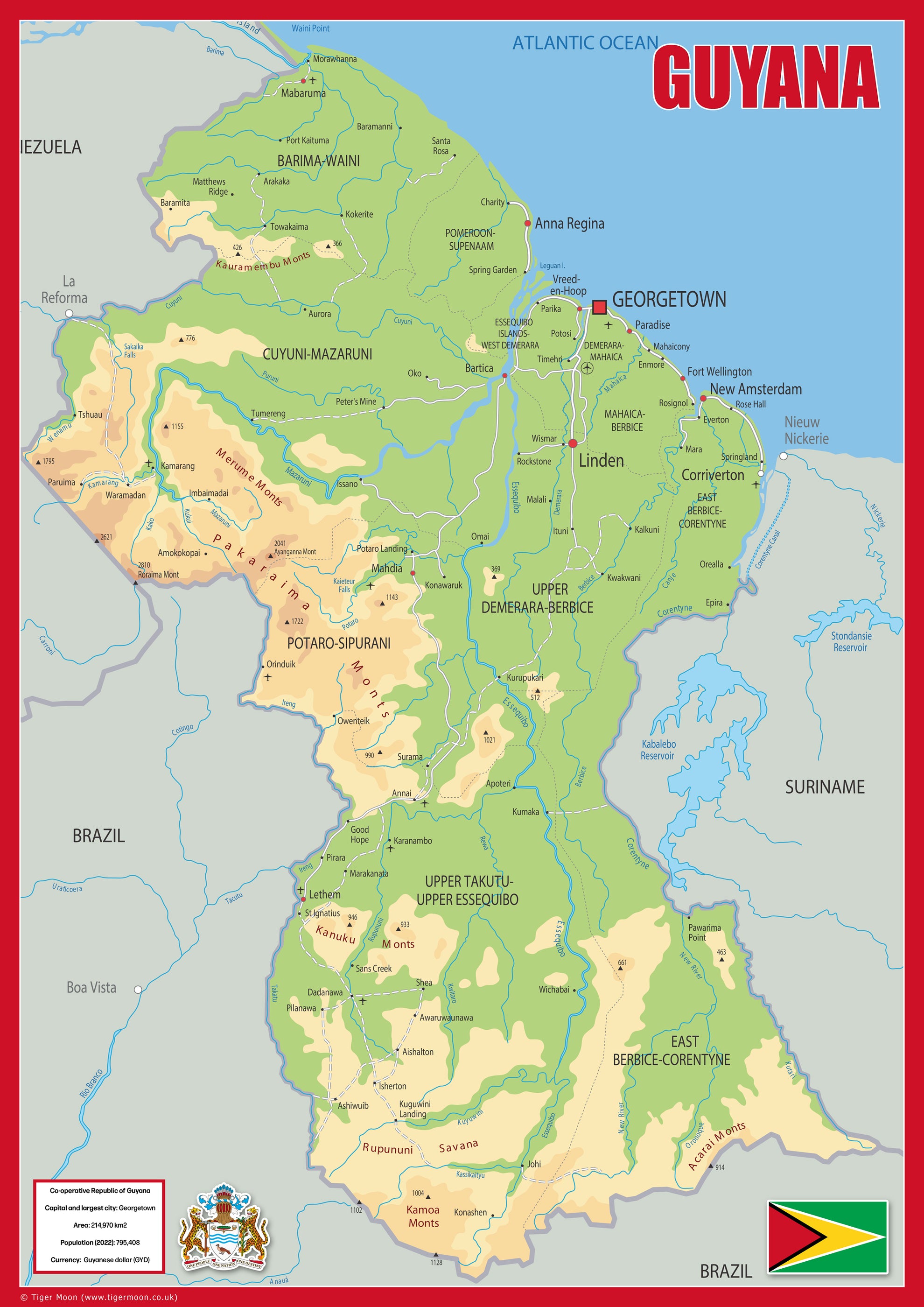 Physical Map of Guyana - The Oxford Collection– I Love Maps