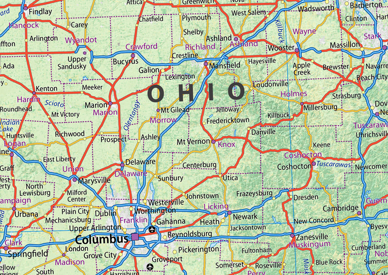 Illinois, Indiana, Ohio and Kentucky Physical State Map | I Love Maps