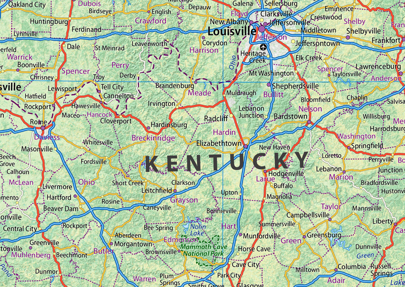Illinois, Indiana, Ohio and Kentucky Physical State Map | I Love Maps