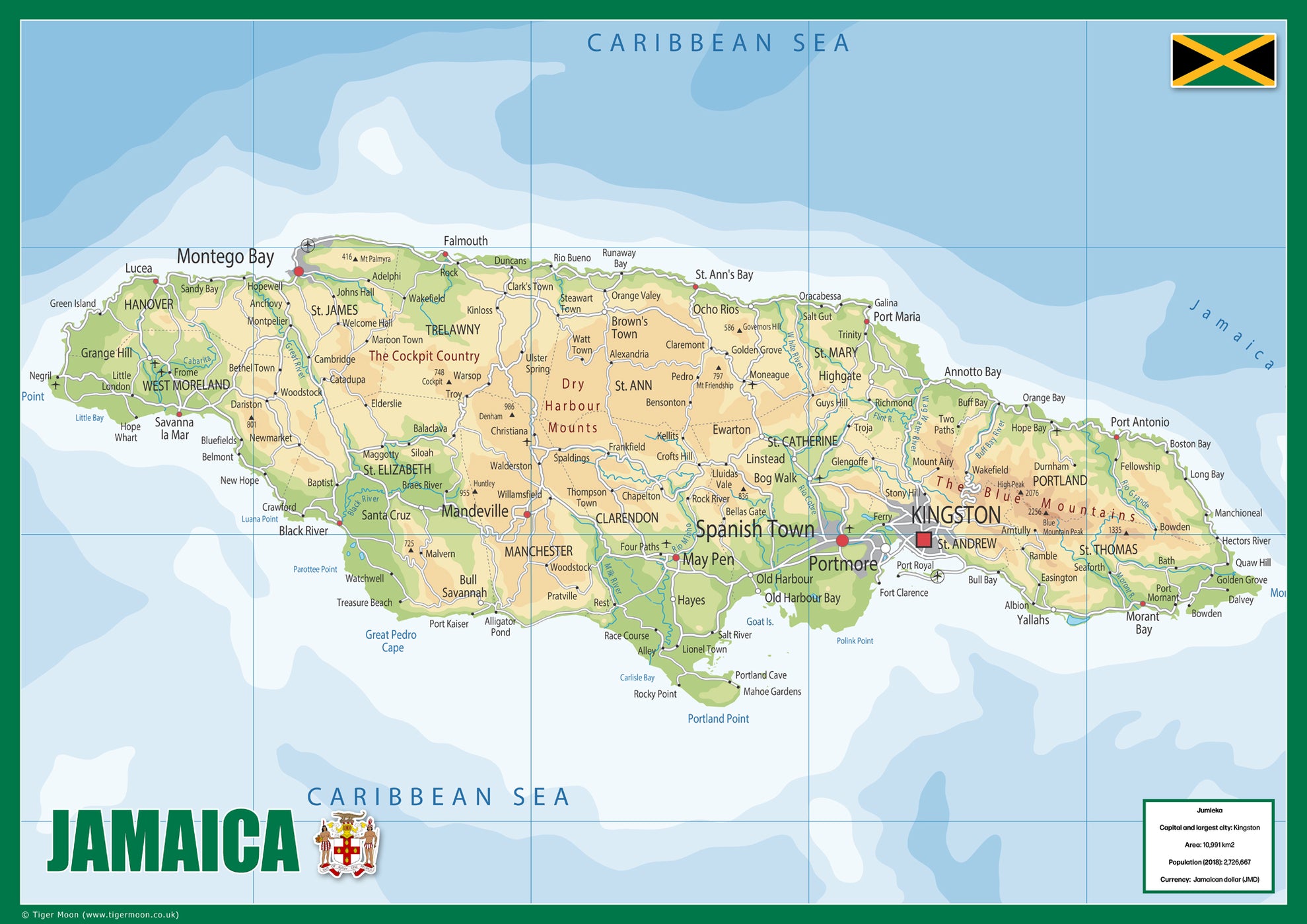 Physical Map of Jamaica - The Oxford Collection– I Love Maps