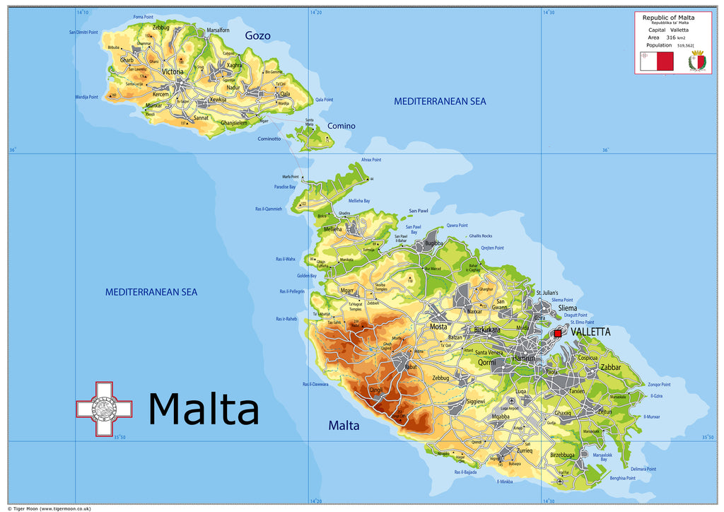 Physical Map of Malta - The Oxford Collection | I Love Maps