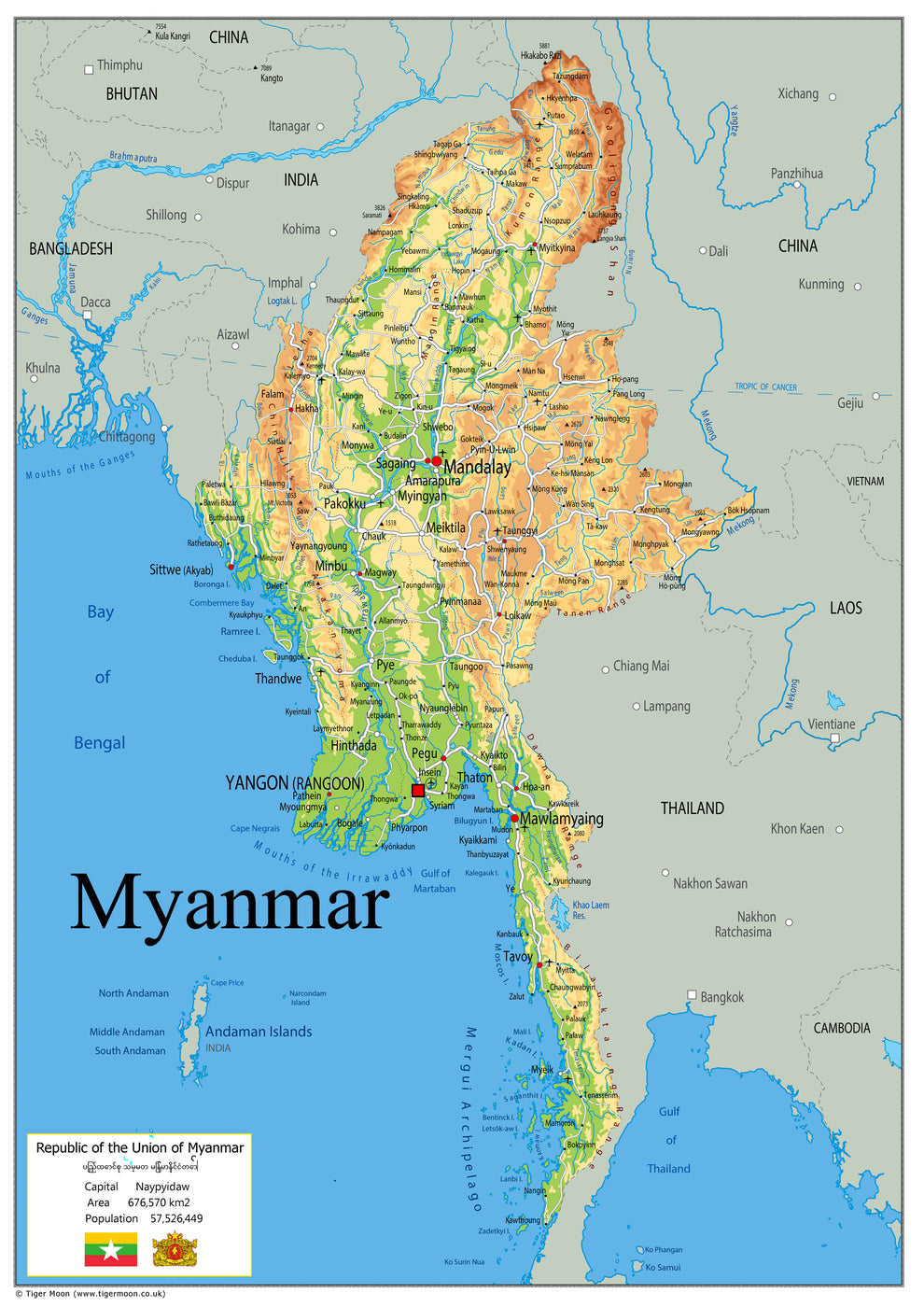 Physical Map of Myanmar - The Oxford Collection– I Love Maps