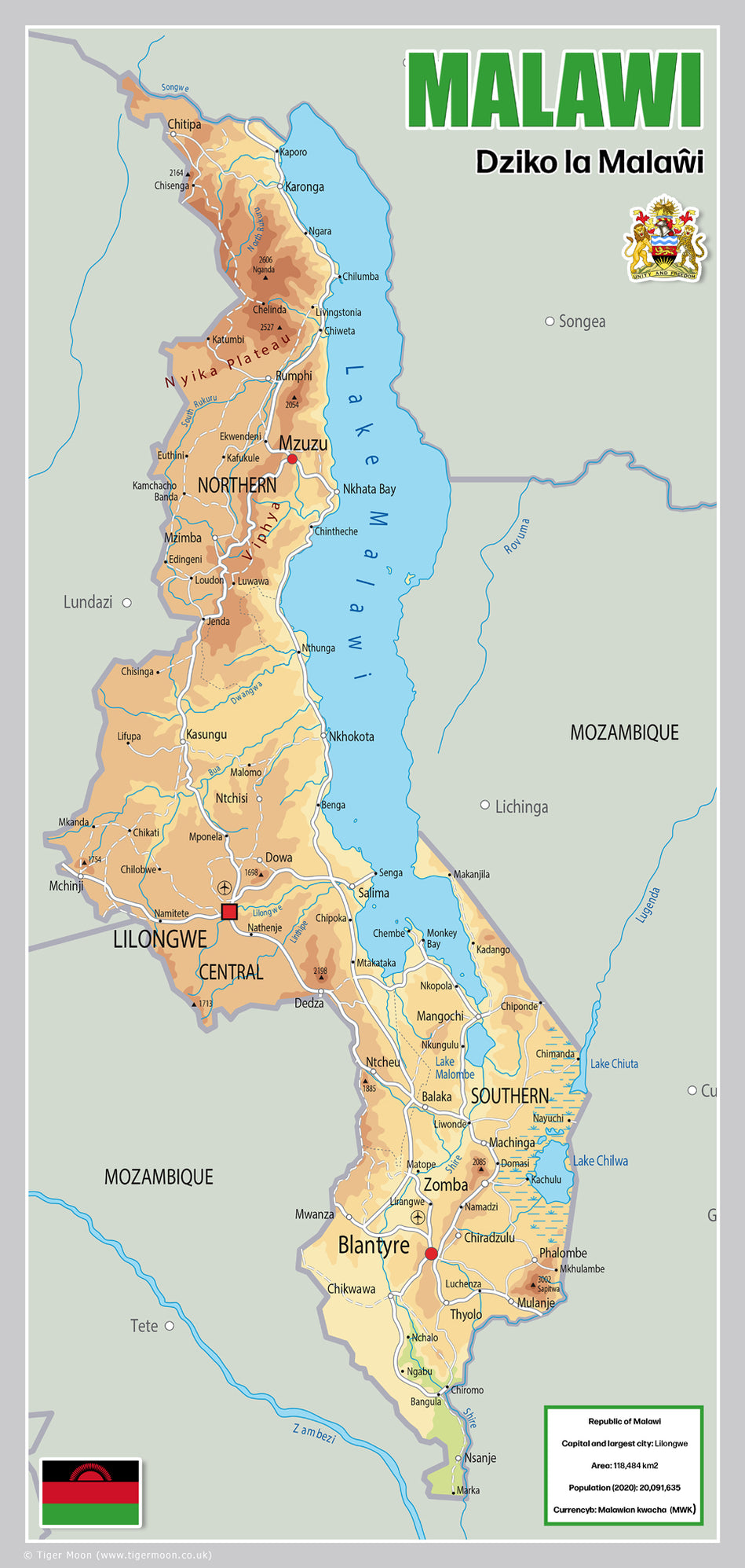 Physical Map of Malawi - The Oxford Collection– I Love Maps