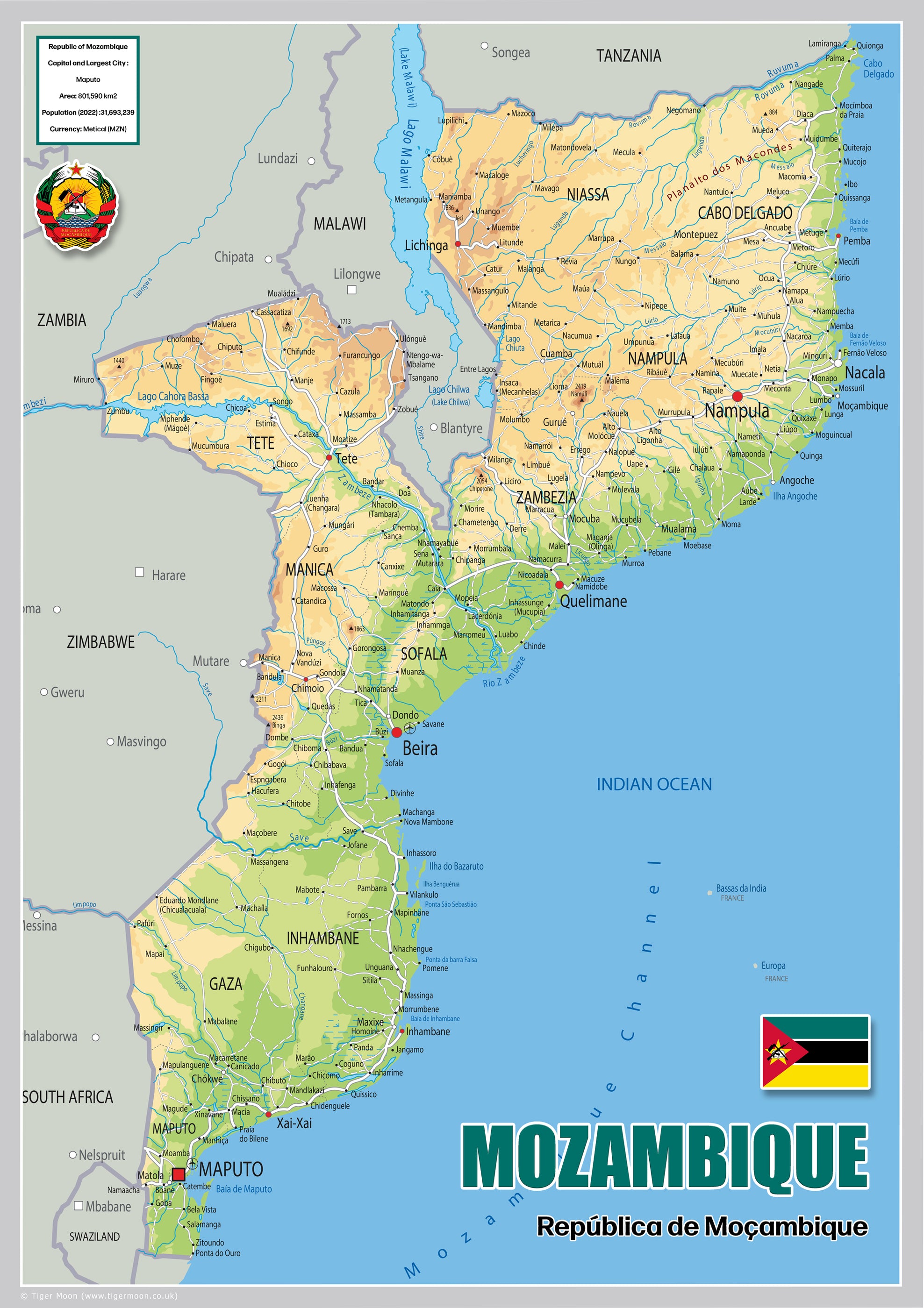 Physical Map of Mozambique - The Oxford Collection– I Love Maps