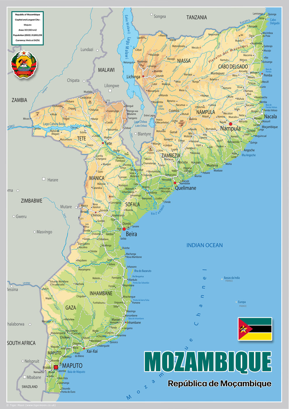 Physical Map of Mozambique - The Oxford Collection– I Love Maps