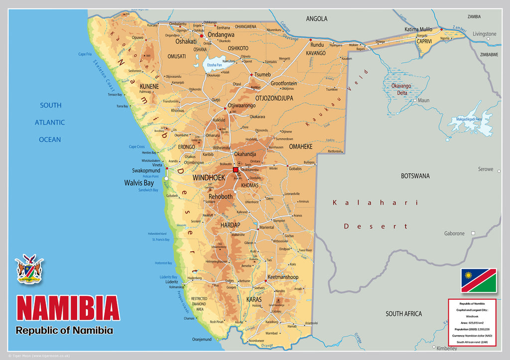 Physical Map of Namibia - The Oxford Collection | I Love Maps