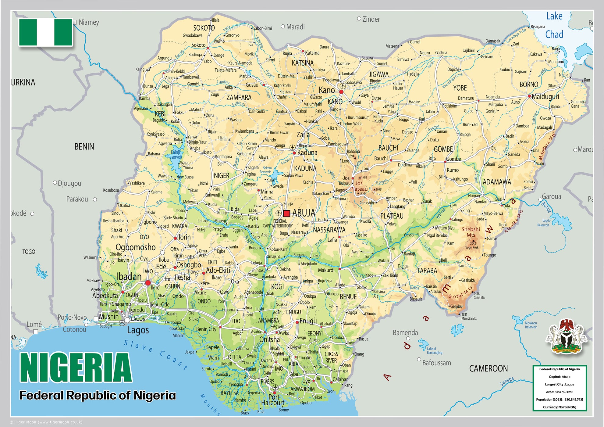 Physical Map of Nigeria - The Oxford Collection– I Love Maps