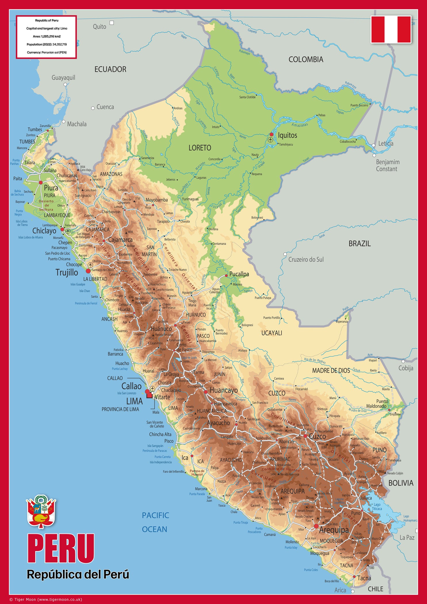 Physical Map of Peru - The Oxford Collection– I Love Maps