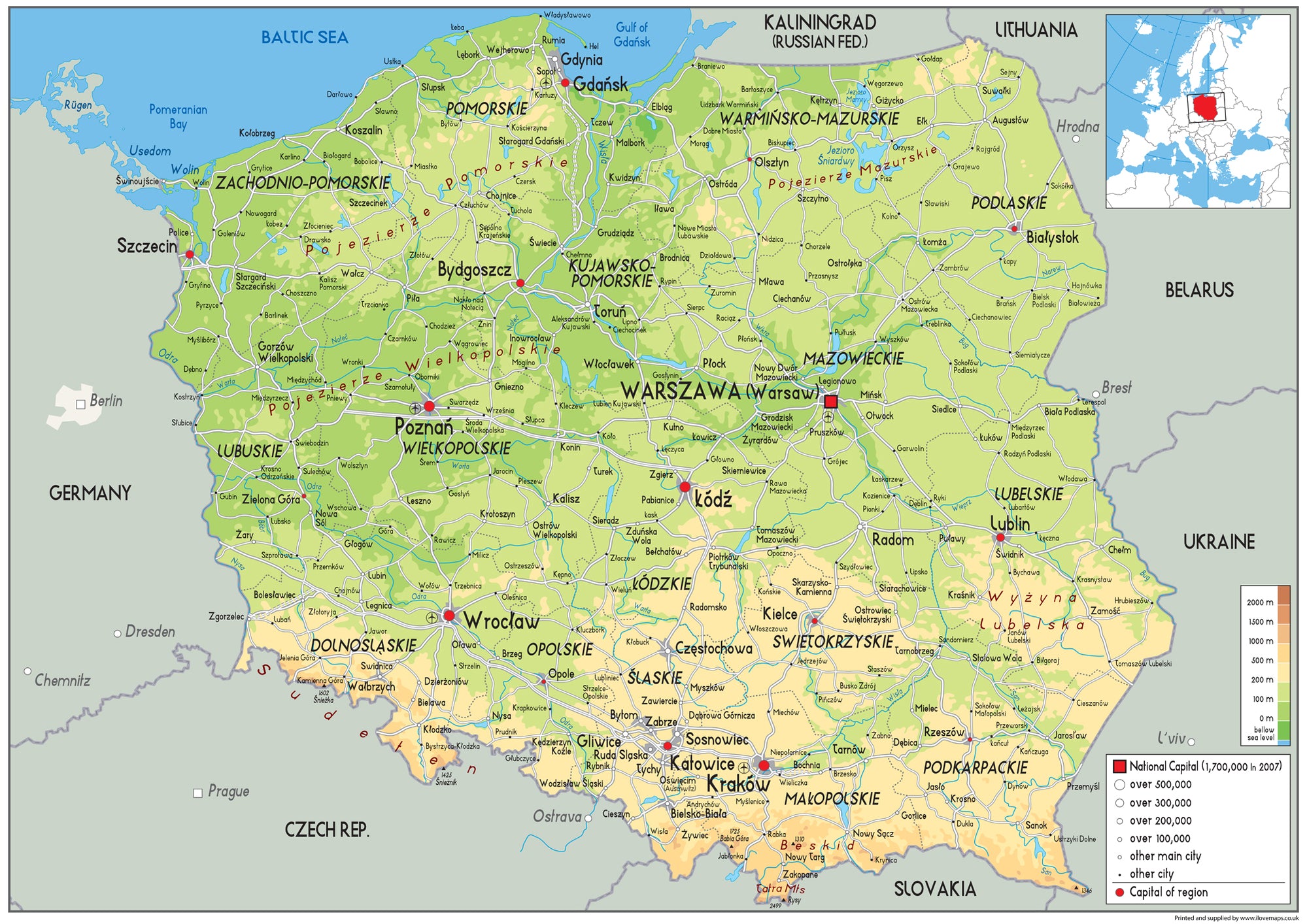 Poland Physical Map– I Love Maps