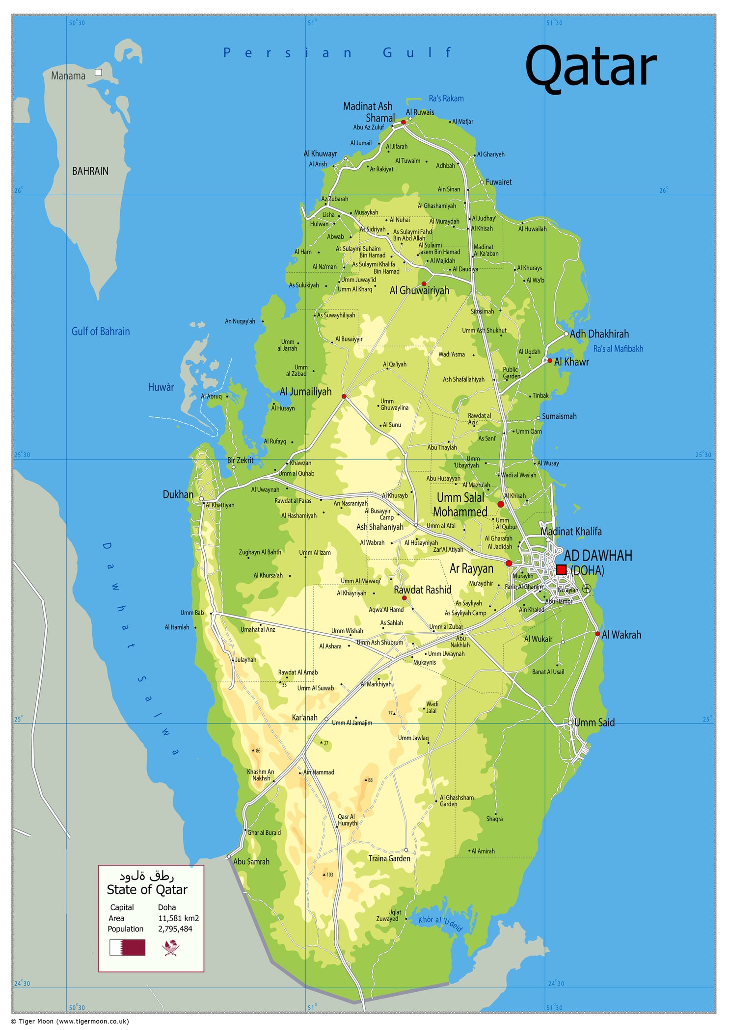 Physical Map of Qatar - The Oxford Collection– I Love Maps