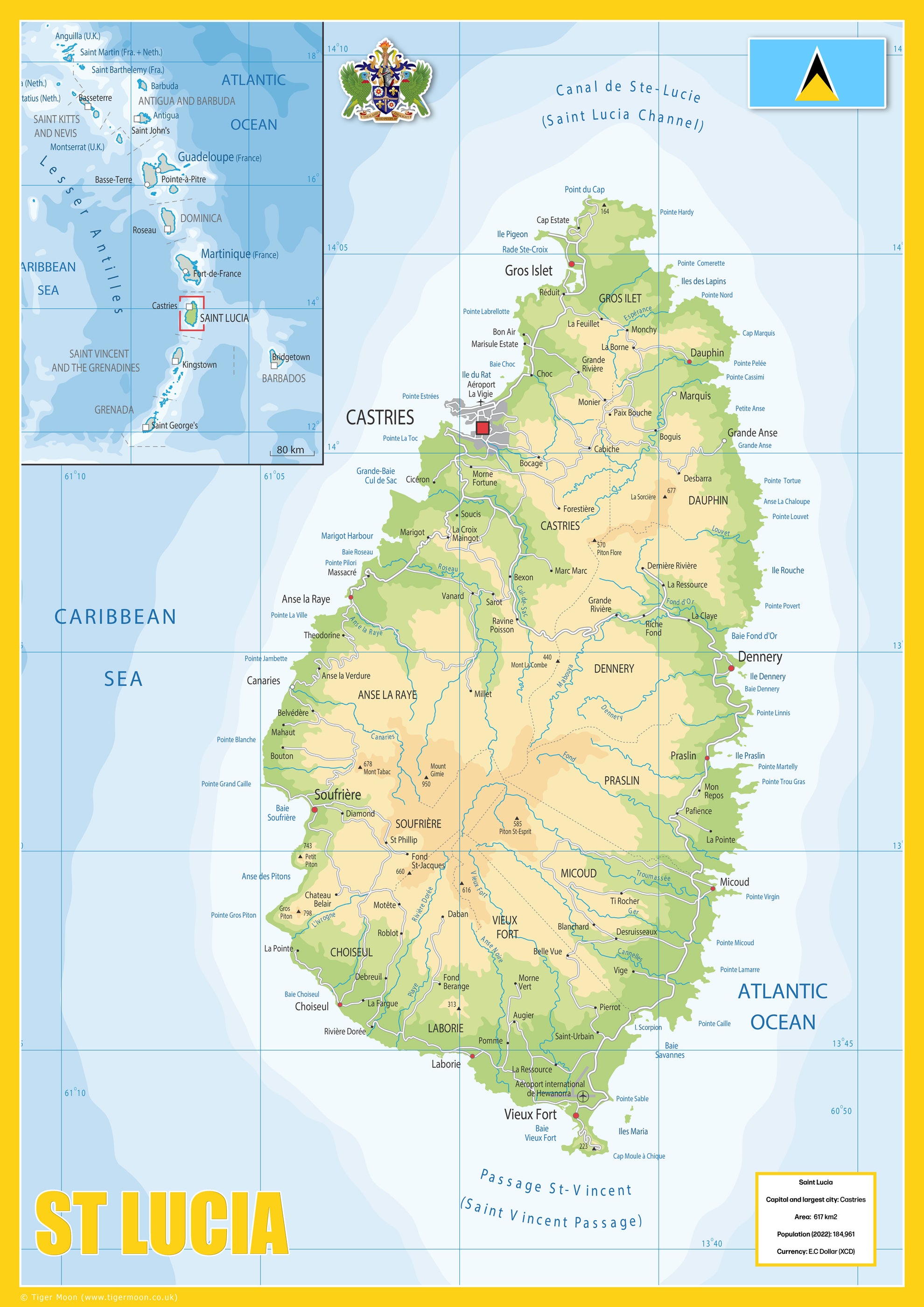Physical Map of St Lucia - The Oxford Collection– I Love Maps