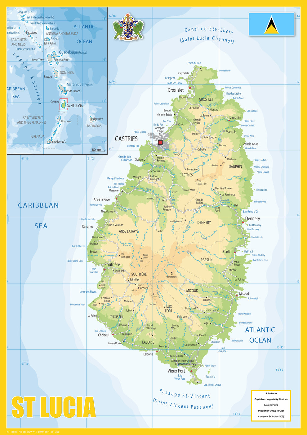 Physical Map of St Lucia - The Oxford Collection– I Love Maps
