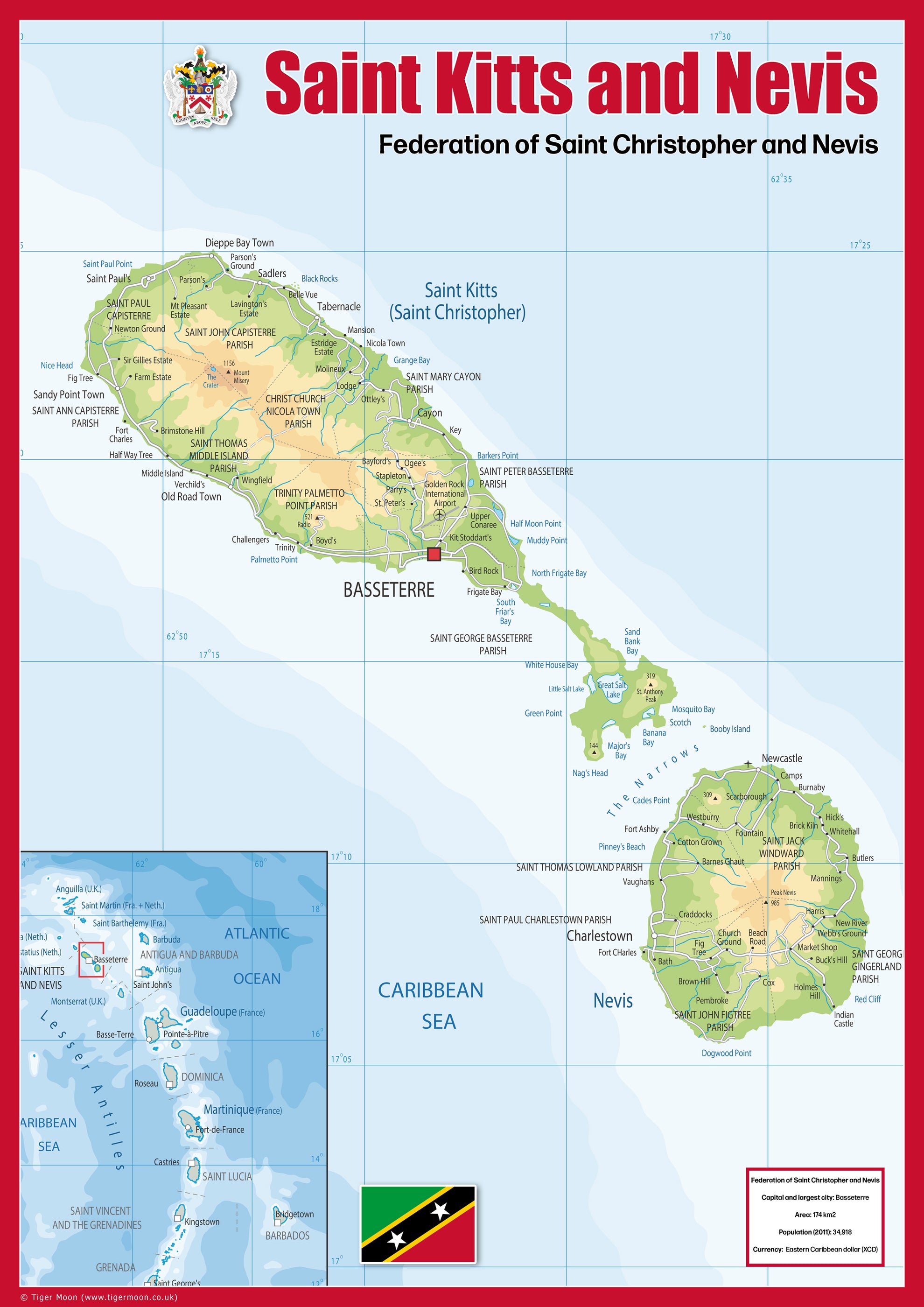 Physical Map of Saint Kitts & Nevis - The Oxford Collection– I Love Maps