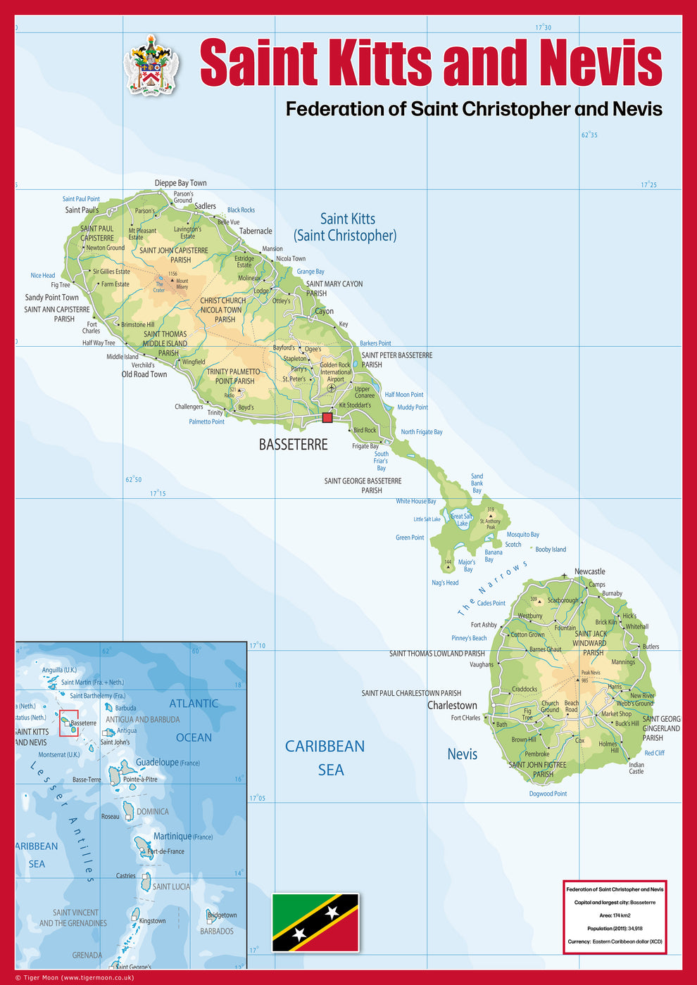 Physical Map of Saint Kitts & Nevis - The Oxford Collection– I Love Maps
