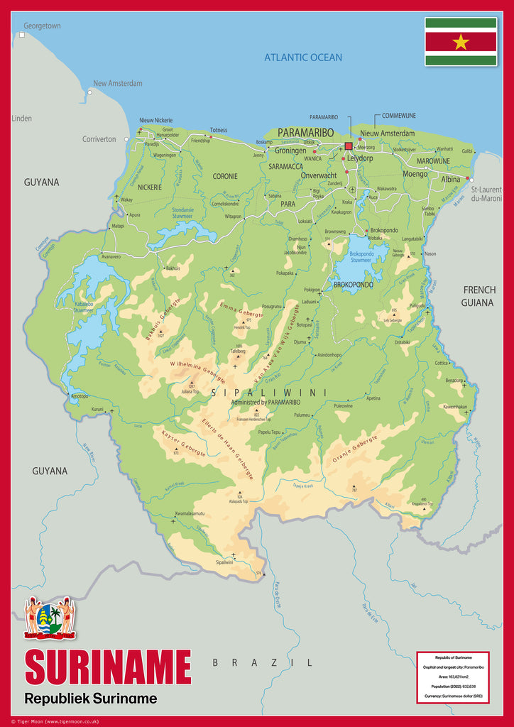 Physical Map of Suriname - The Oxford Collection | I Love Maps