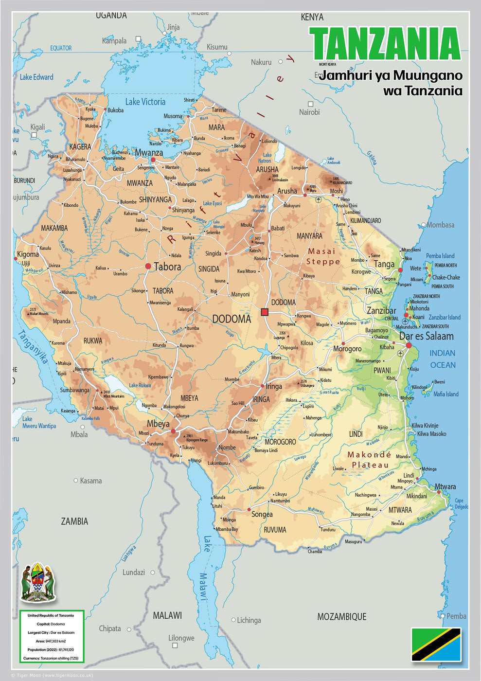 Physical Map of Tanzania - The Oxford Collection– I Love Maps