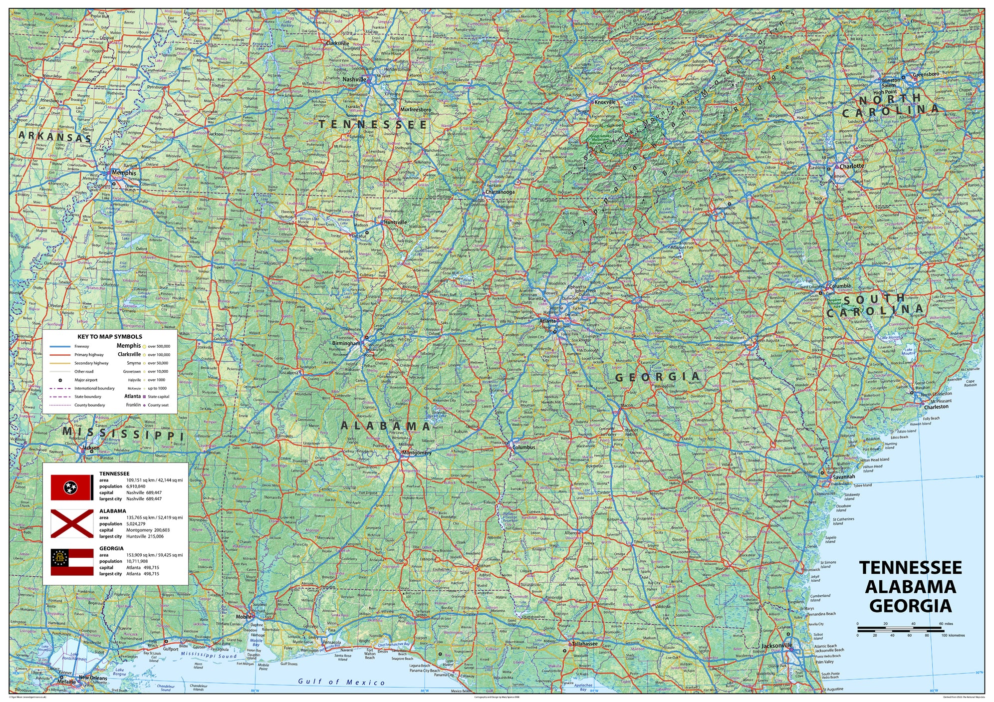 Tennessee, Alabama and Georgia Physical State Map– I Love Maps