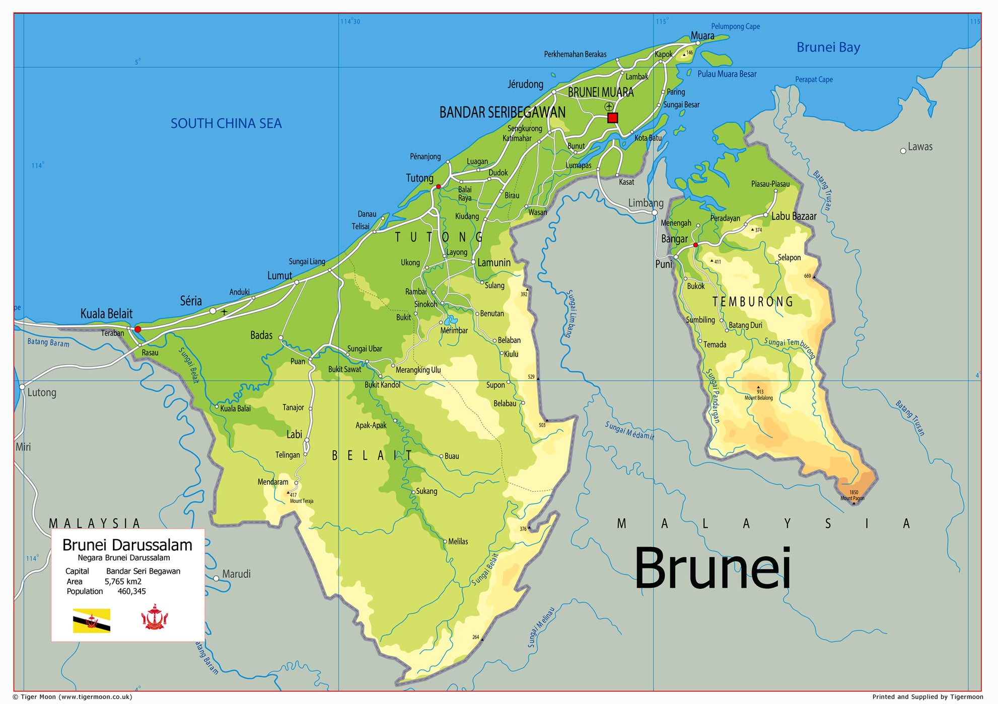 Physical Map of Brunei - The Oxford Collection– I Love Maps