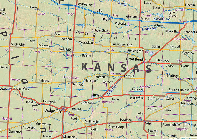 Kansas, Oklahoma, Missouri and Arkansas Physical State Map | I Love Maps