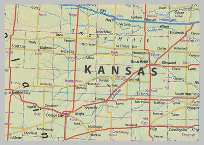 Kansas, Oklahoma, Missouri and Arkansas Physical Map– I Love Maps