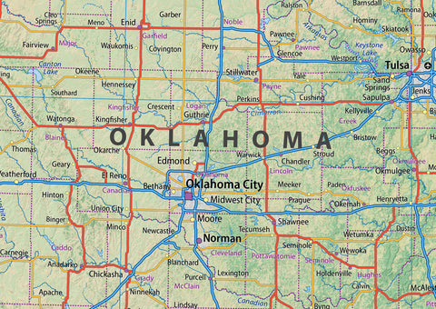 Kansas, Oklahoma, Missouri and Arkansas Physical State Map | I Love Maps