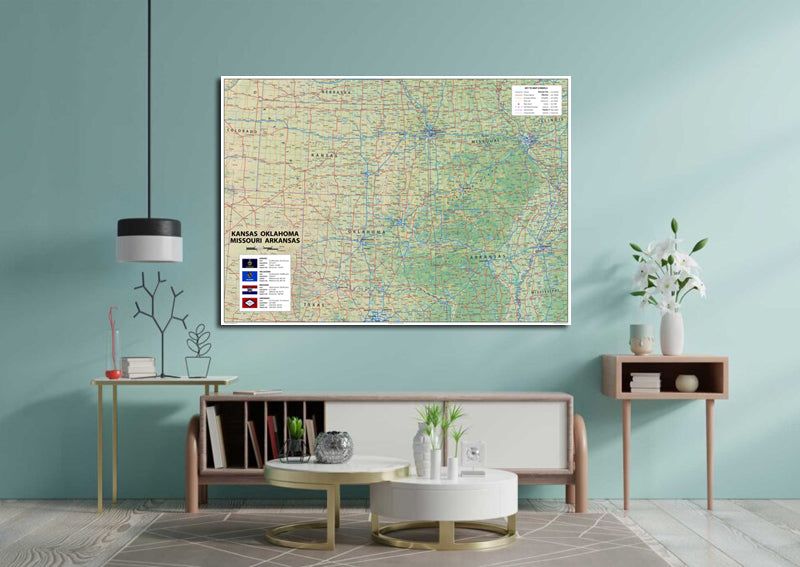 Kansas, Oklahoma, Missouri and Arkansas Physical State Map | I Love Maps