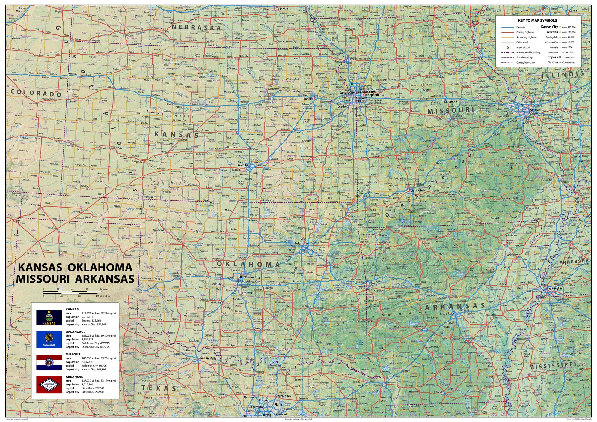 Kansas, Oklahoma, Missouri and Arkansas Physical Map– I Love Maps