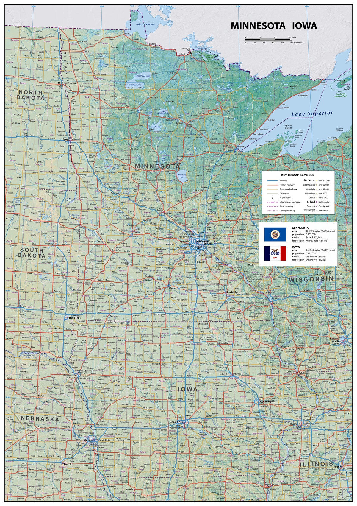 Minnesota and Iowa Physical State Map– I Love Maps