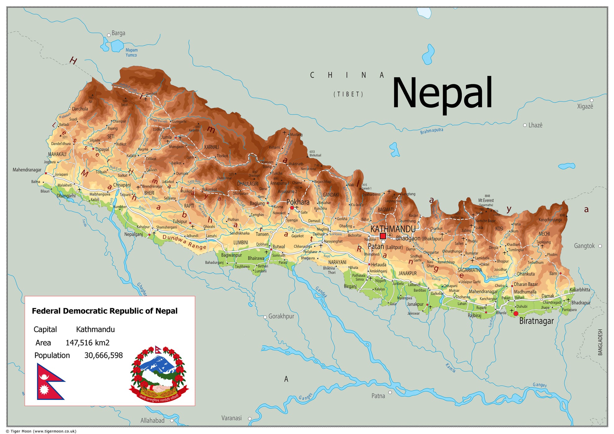 Physical Map of Nepal - The Oxford Collection– I Love Maps