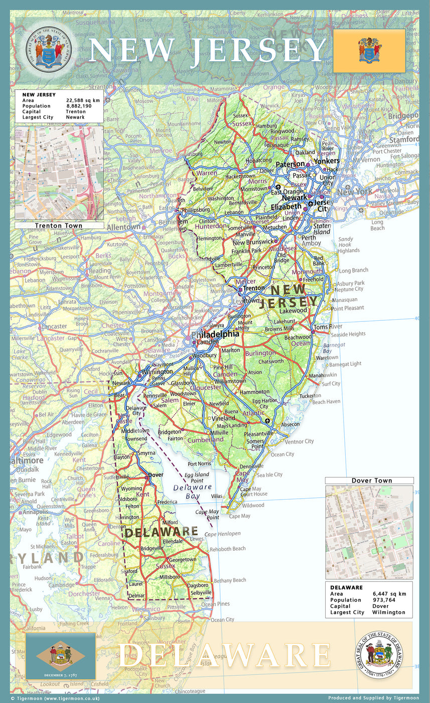 New Jersey and Delaware Physical State Map– I Love Maps