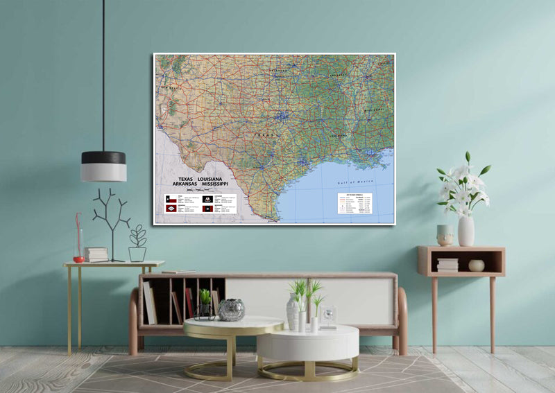 Texas, Louisiana, Arkansas & Mississippi Physical State Map | I Love Maps