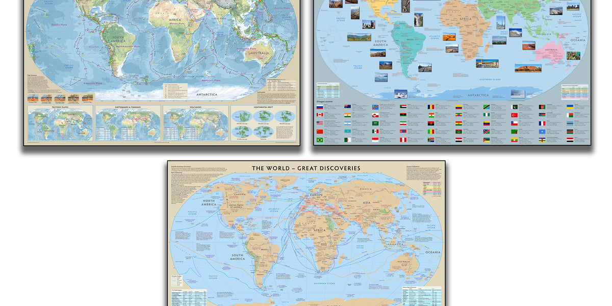 Education Map Set - Set of 3 Maps - Tectonics and Structure, Great Dis ...