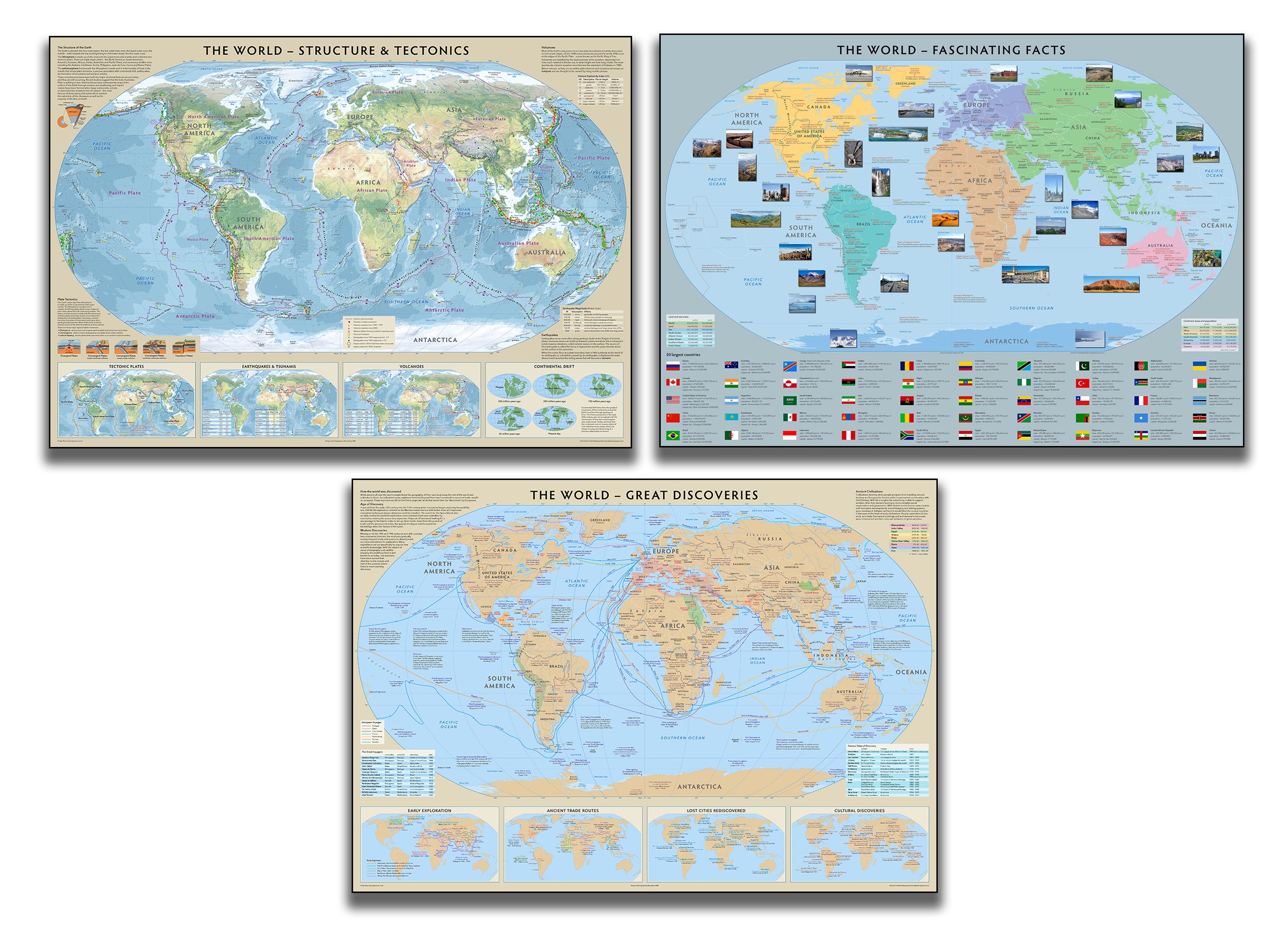 Education Map Set - Set of 3 Maps - Tectonics and Structure, Great Dis ...