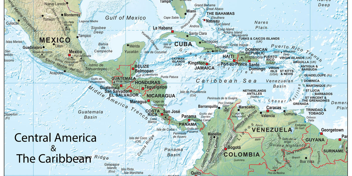 Central America and the Caribbean Physical Map– I Love Maps