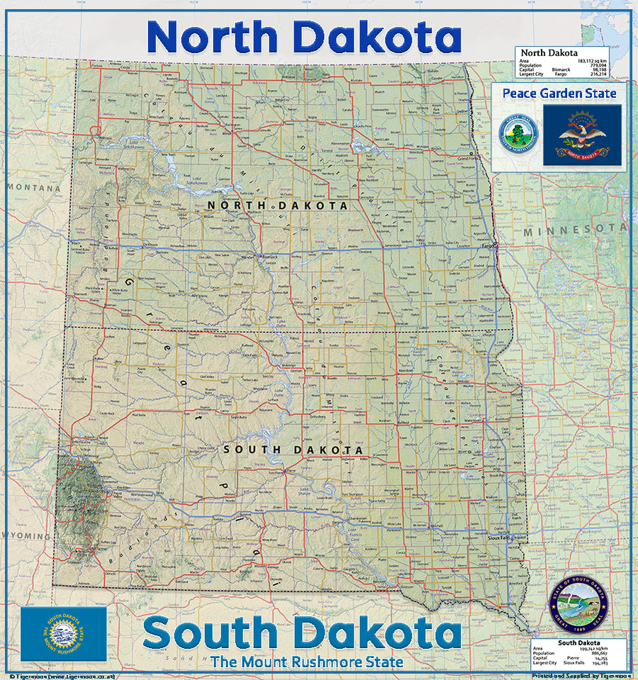 North and South Dakota Physical State Map– I Love Maps