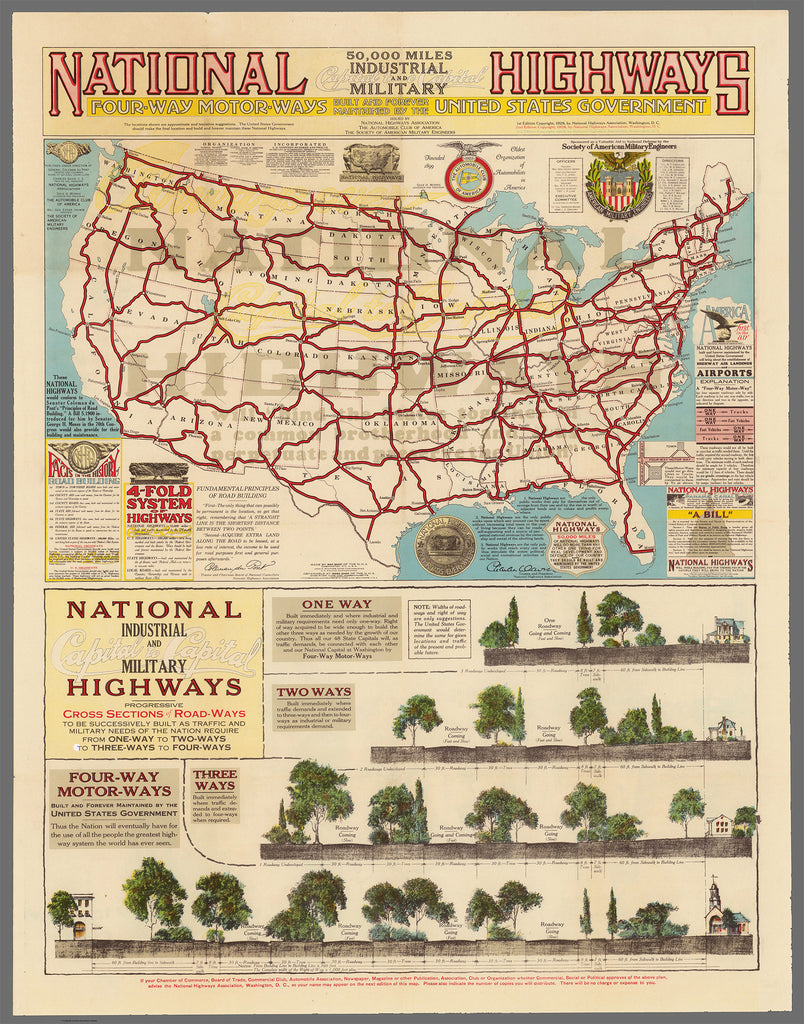 Us Road Map Highways United States Of America USA Roads Water And